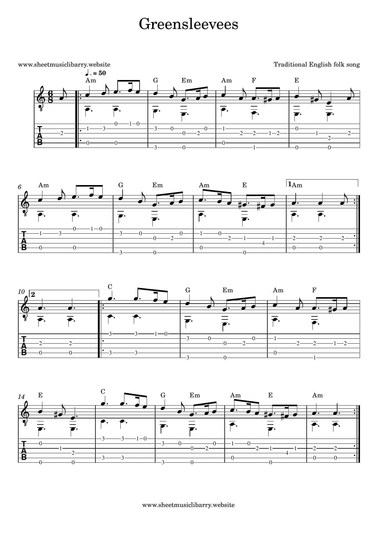 Greensleevees - Trad. English Folk song (Easy Guitar arr with TABS ...