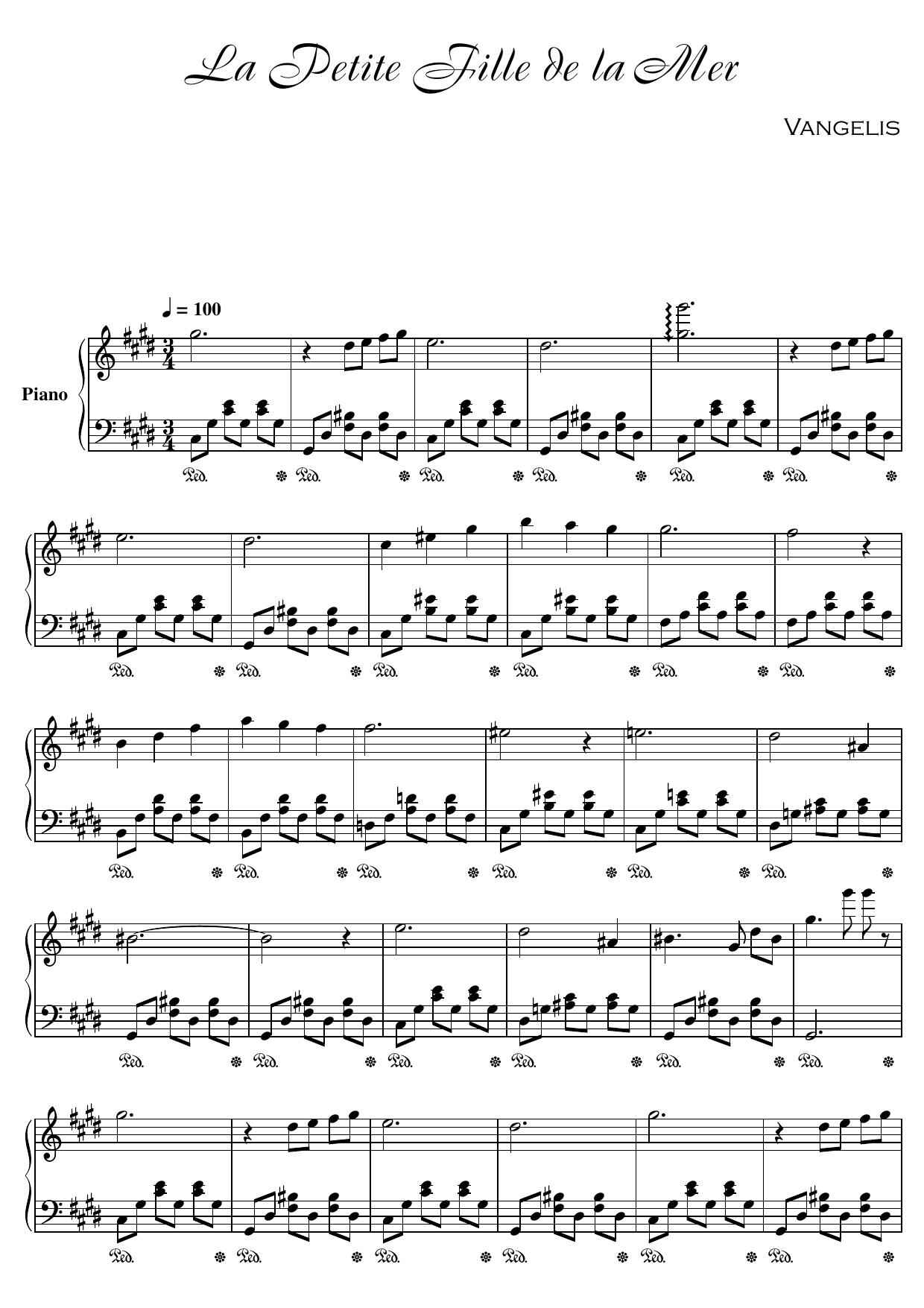 Vangelis: La Petite Fille de la mer Piano solo sheet music